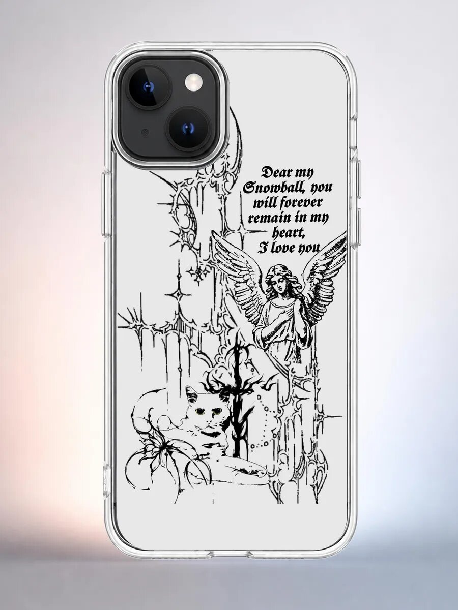 Чехол iPhone 13 ангел и кот силиконовый прозрачный