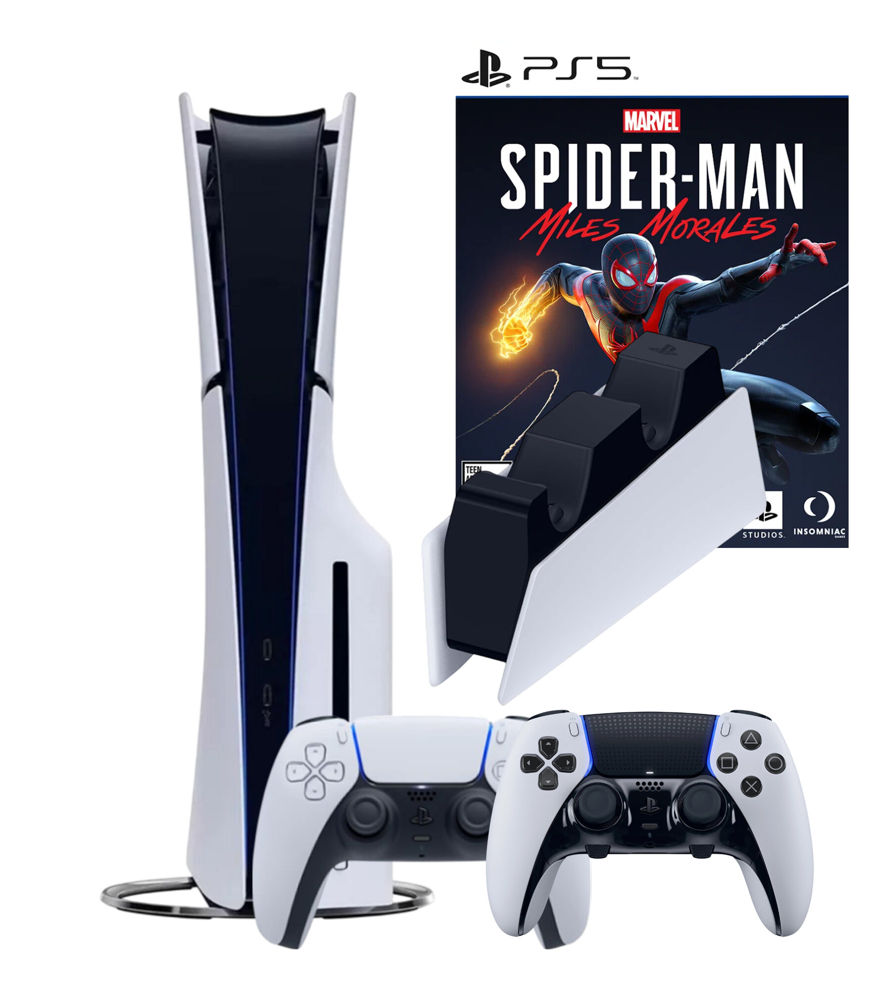 Игровая приставка PlayStation 5 Slim + 2й геймпад Edge White белый + игра Spider Man Morales + станция зарядки