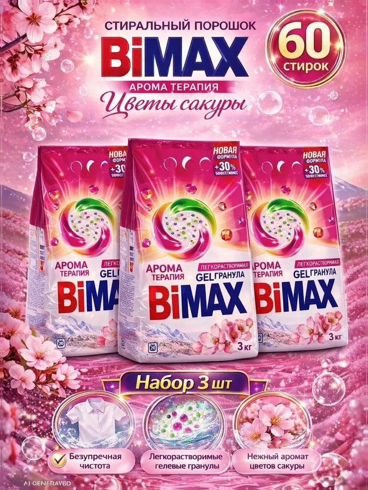 Набор 3 шт Bimax - Стиральный порошок для белья Цветы сакуры 3000 гр