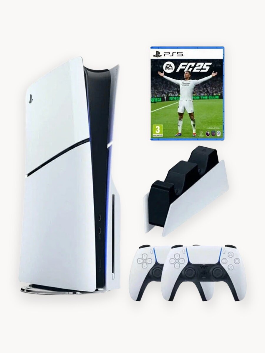 Игровая приставка Sony PlayStation 5 Slim, 1ТБ(с дисководом), 2 геймпада + зарядная станция + игра Fifa25