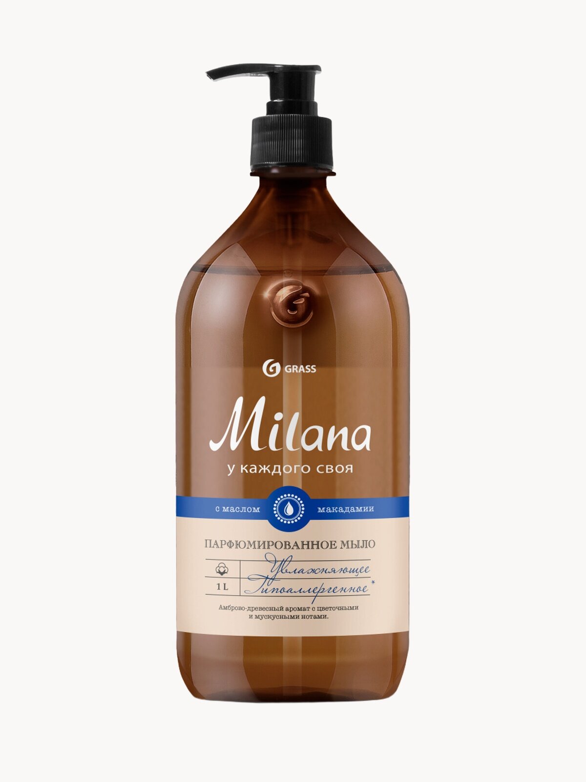 Жидкое мыло GRASS "Milana", парфюмированное, амбра и нероли, для тела и рук, 1л