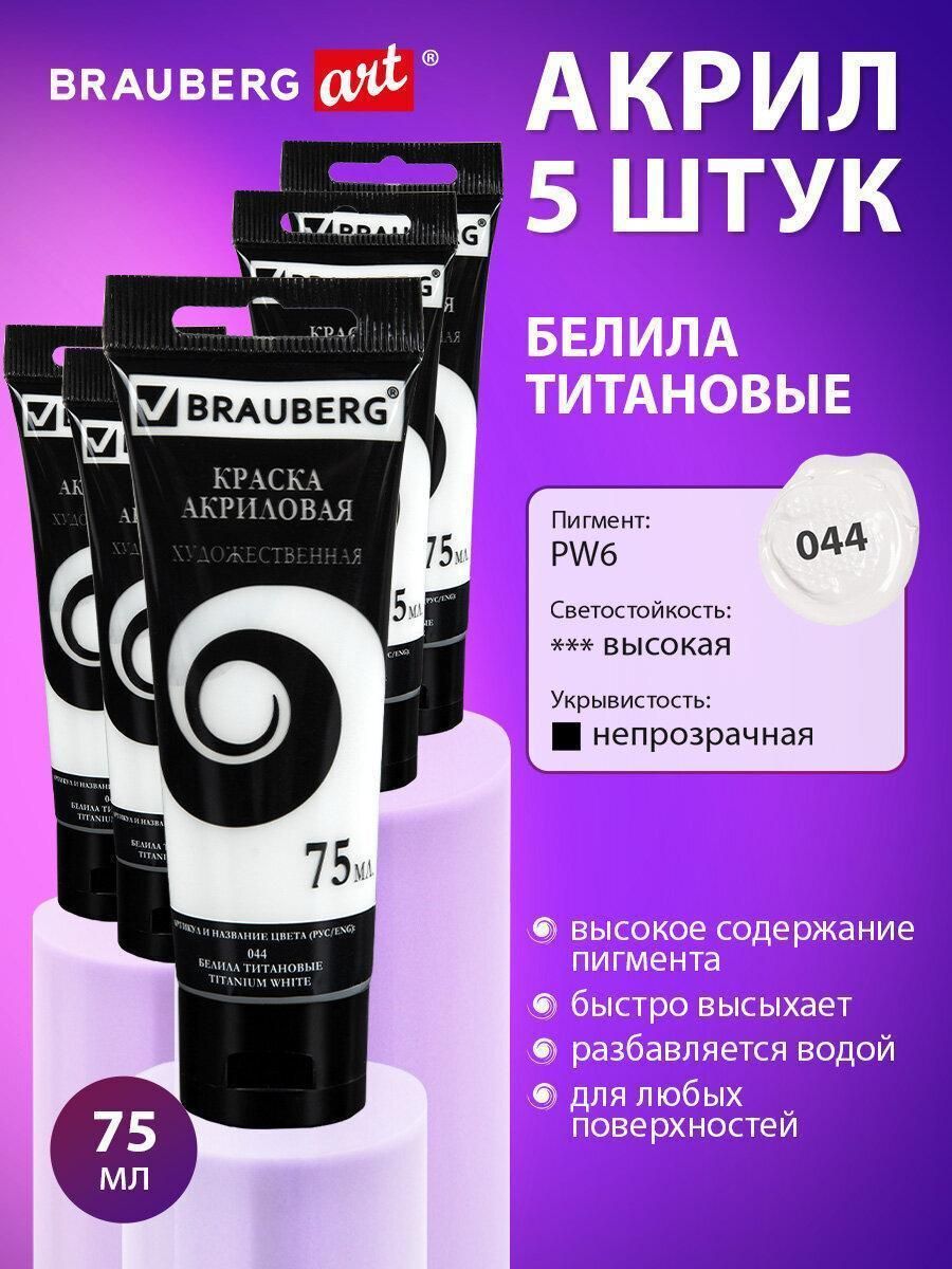 Краски акриловые белила художественные матовые 5шт в тубах по 75мл, BRAUBERG ART DEBUT, 192416