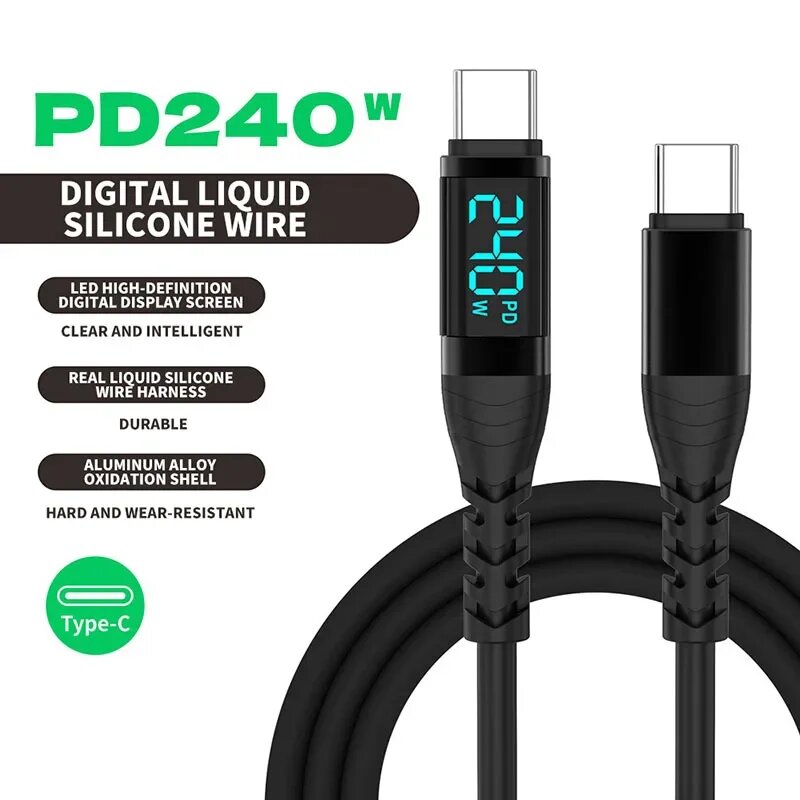 Кабель USB C — Type C, 240 Вт, шнур для быстрой зарядки со светодиодным дисплеем Черный, 2m, black