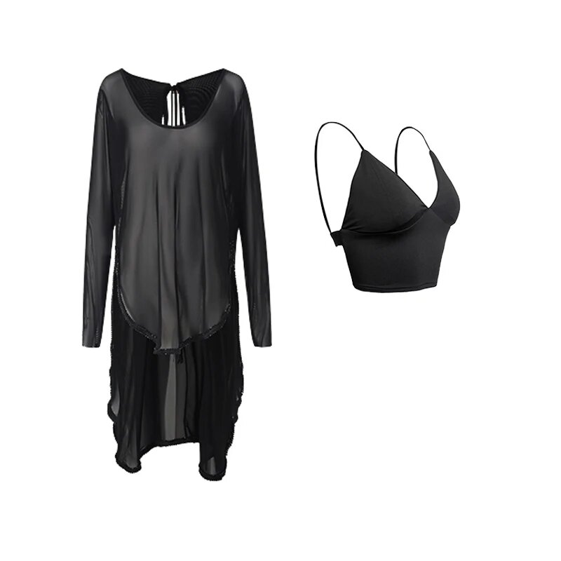 Танцевальный костюм черный, Mesh Tops-Bra 2Pcs, One Size
