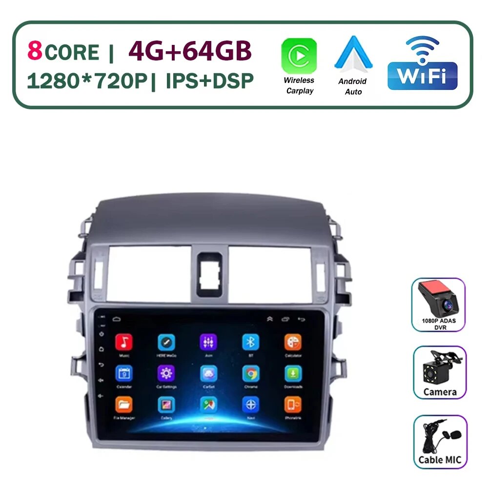 Автомагнитола Android 16 для Toyota Corolla 10 E140 E150 2006-2013, мультимедийный видеоплеер, беспроводной адаптер Carplay, головное устройство 4G-64G M C D Carplay