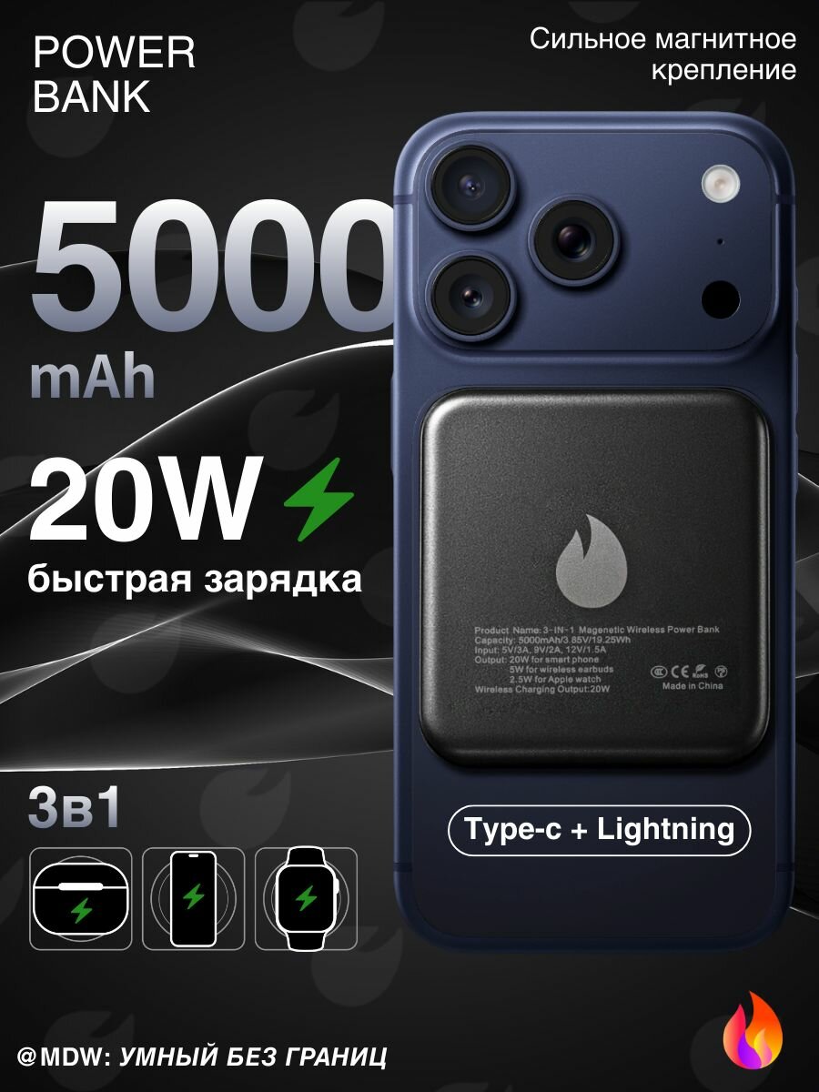 Внешний аккумулятор, мобильный источник питания MagSafe емкостью 5000 мАч, быстрая зарядка, три в одном, подходит для/мобильного телефона/ часов / гарнитуры/, черное/WPB-02