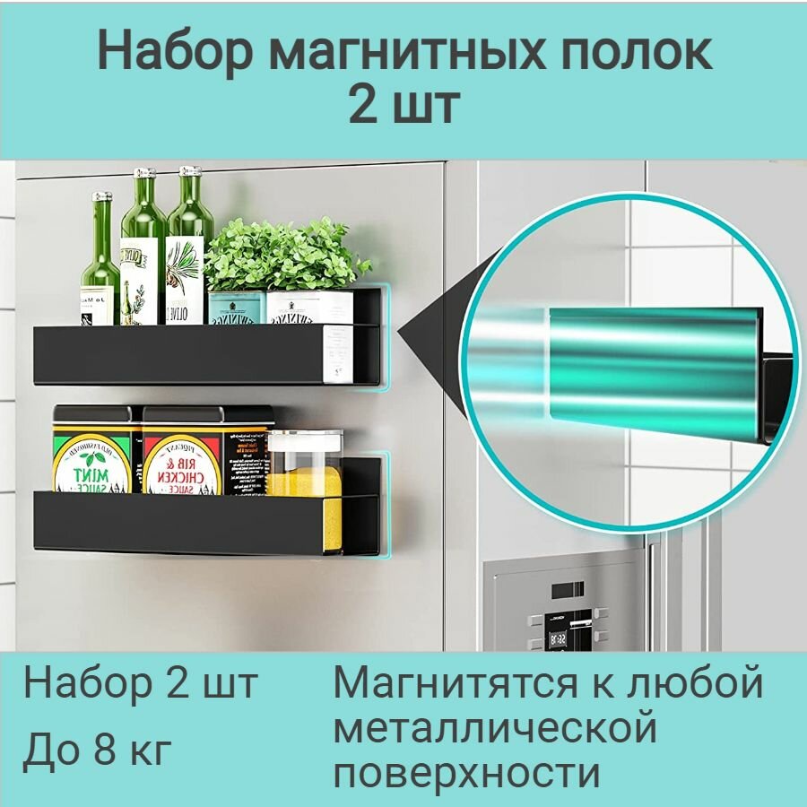 Магнитная полка на холодильник черная / Набор 2 шт. полки на магнитах