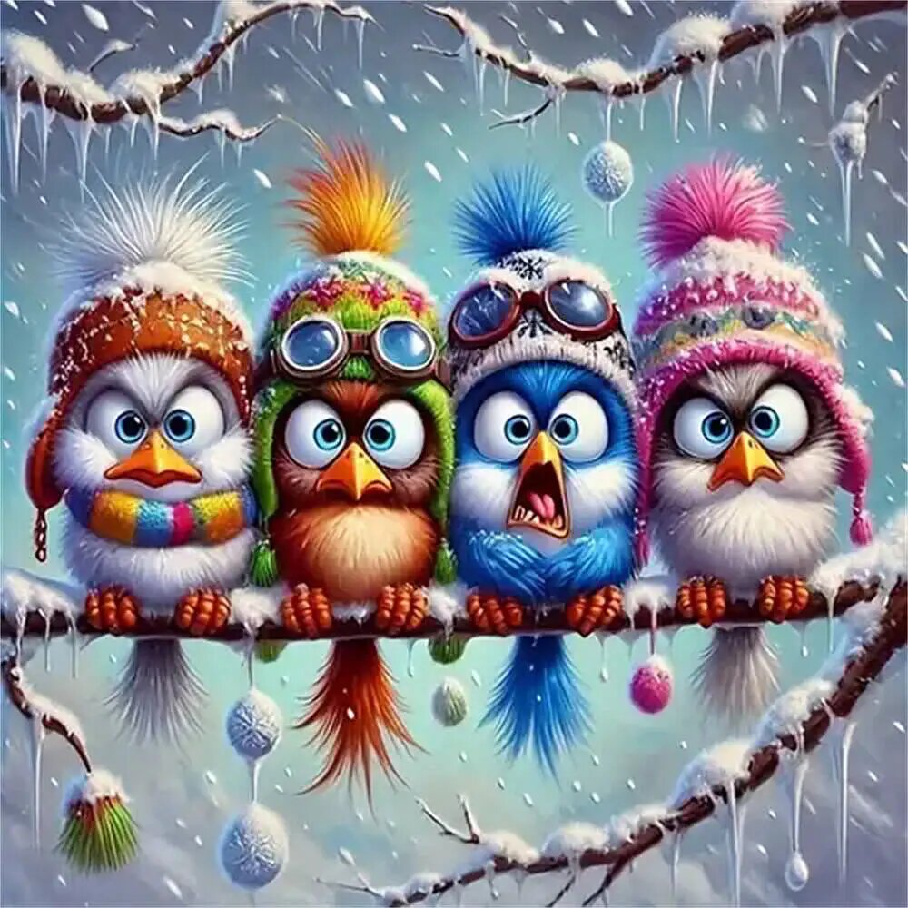 Алмазная вышивка "Совы в шапках" 20x20 см, Full Square