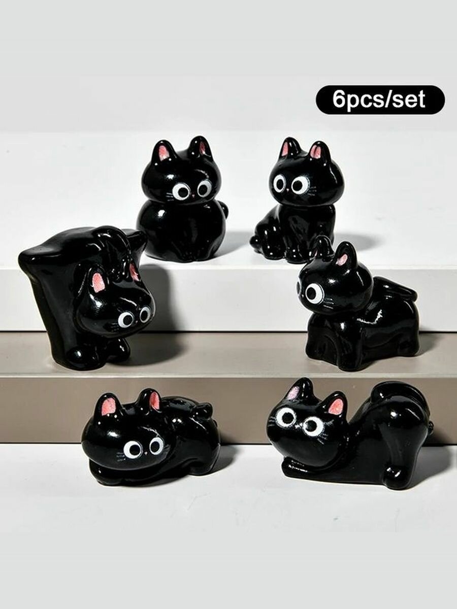 Кот черный декоративный миниатюрный 3 см. Набор 6 фигурок. Забавная кошка. Подарок, сувенир.