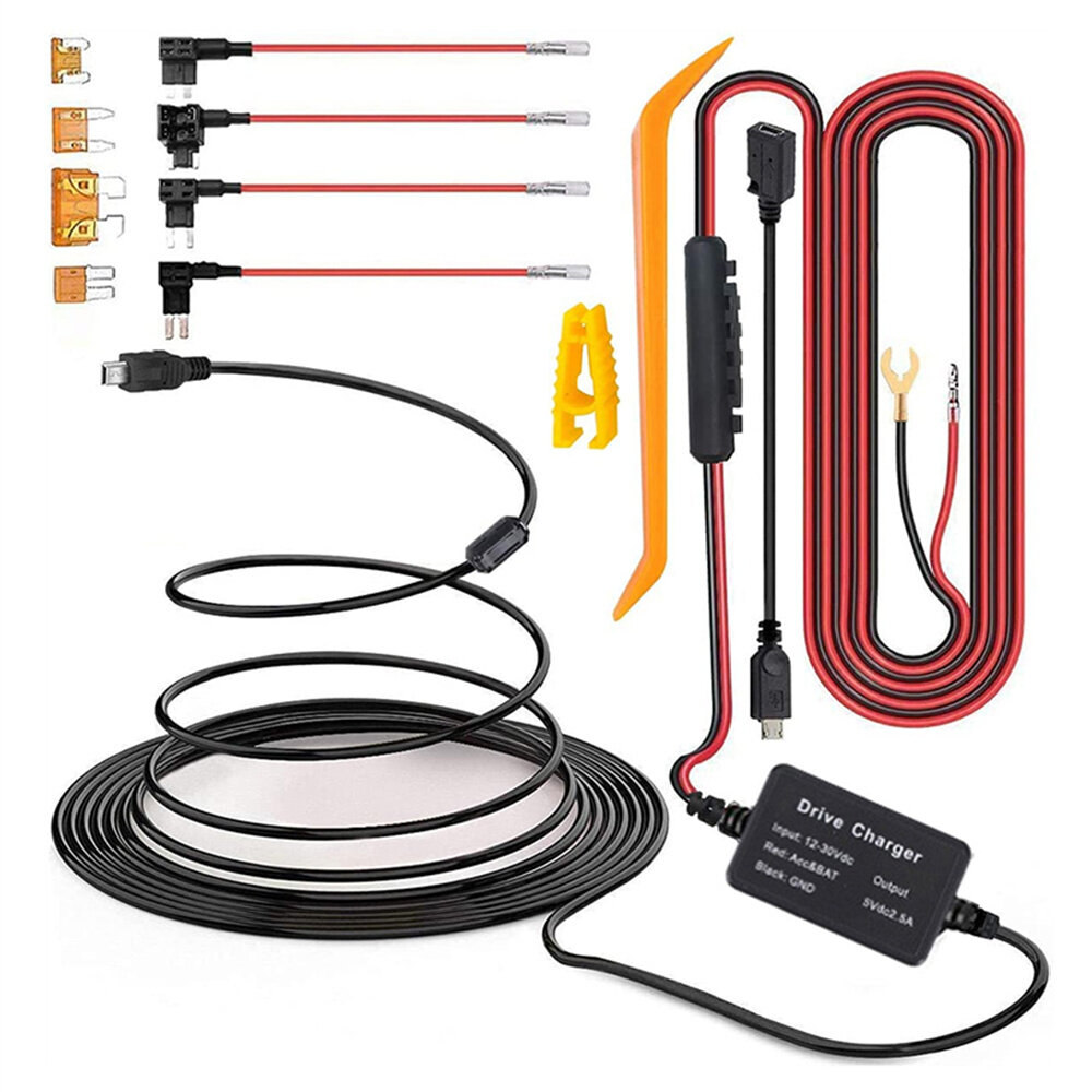 Комплект проводов для подключения автомобильного регистратора к бортовой сети с предохранителем Mini USB DC 12V-24V на 5