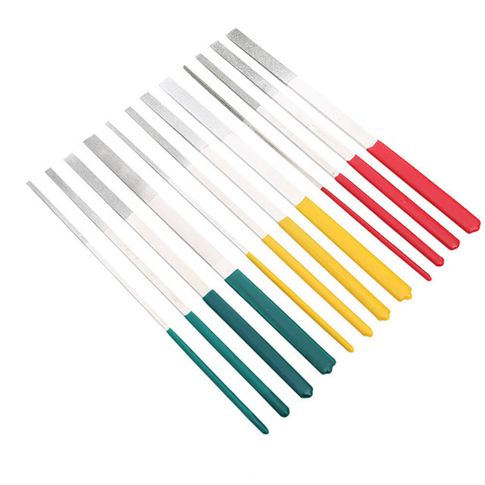 Набор алмазных файлов 12 штук, инструменты для ремонта, разнообразные рапы, размеры 2мм/4мм/6мм/8мм, материал алмазный, зернистость 180# (красная ручка), 240# (желтая ручка), 320# (зеленая ручка), длина 180мм