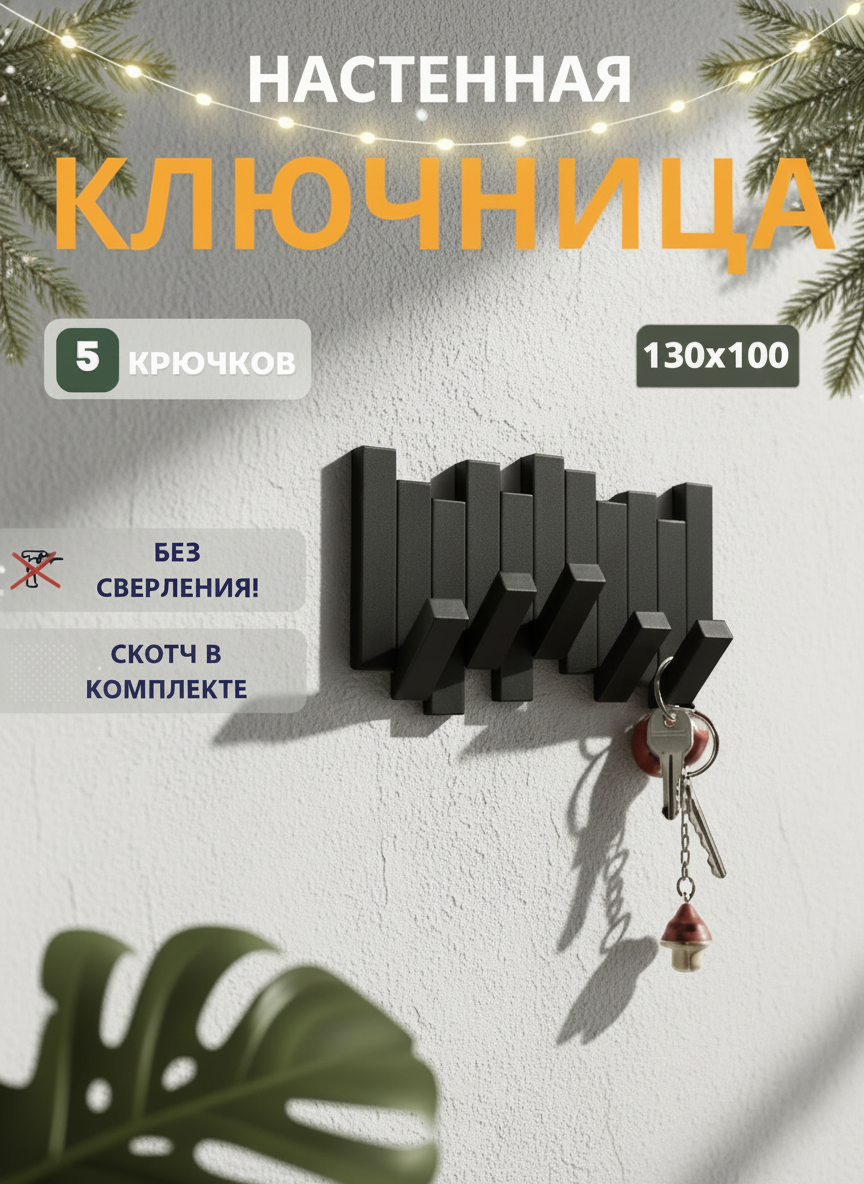 Ключница настенная Лофт, черная 5 крючков 130х100 мм, держатель органайзер для ключей в прихожую