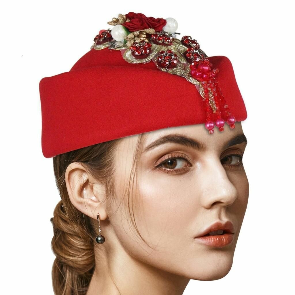 Винтажная шляпа с кристальными цветами для коктейльных вечеринок, красный