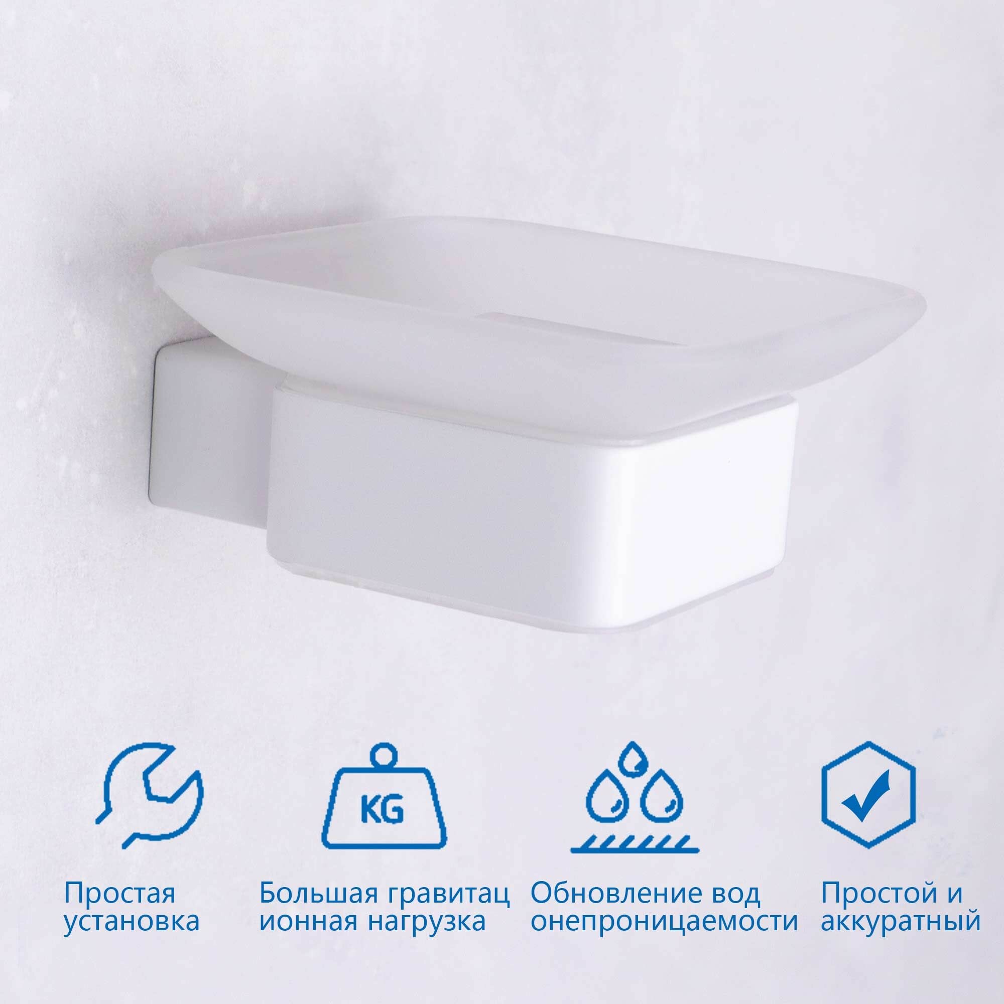 Мыльница круглая ROBERN настенная на саморезах (входят в комплект), металл, стекло, цвет Белый глянец/держатель для мыла матовое стекло высокое качество