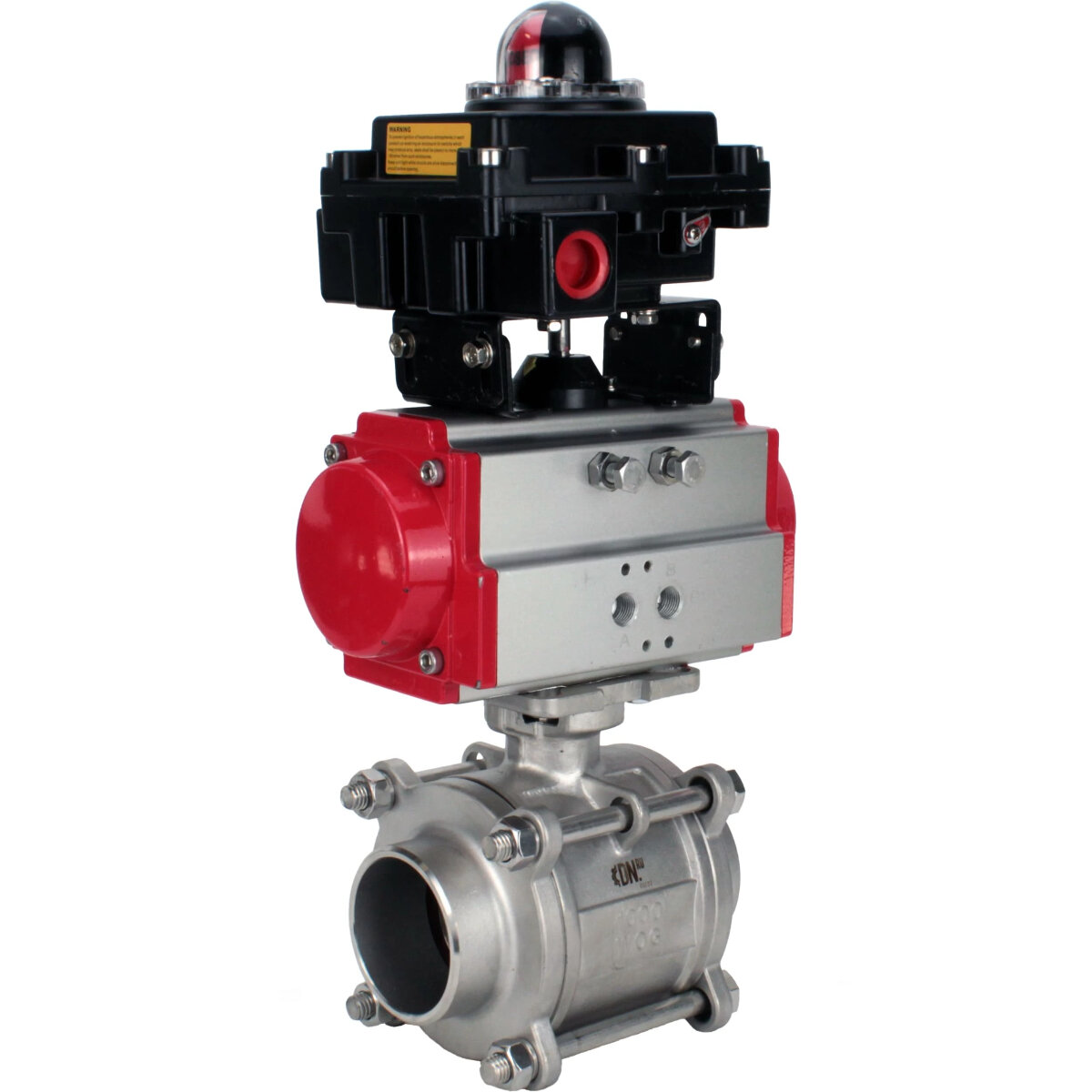 Кран шаровой DN.ru 316-316-PTFE-FP-W-ISO-H WDVF Ду20 Ру63 полнопроходной, трехсоставной, корпус - нержавеющая сталь 316, уплотнение - PTFE, под приварку, с пневмоприводом DA-052, БКВ LSB-410-02ExM12-250