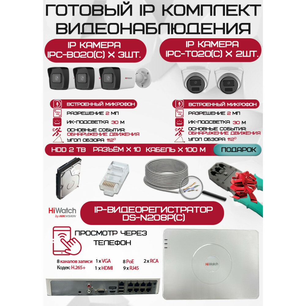Готовый комплект видеонаблюдения HiWatch на 5 IP камер - 2Мп 1080P (DS-N208P(C) + 3xIPC-B020(C) + 2xIPC-T020(C) + 1хHDD Seagate SkyHawk 2ТБ + Кабель UTP U5e-4x2x0.48 Cu indoor - 100м)