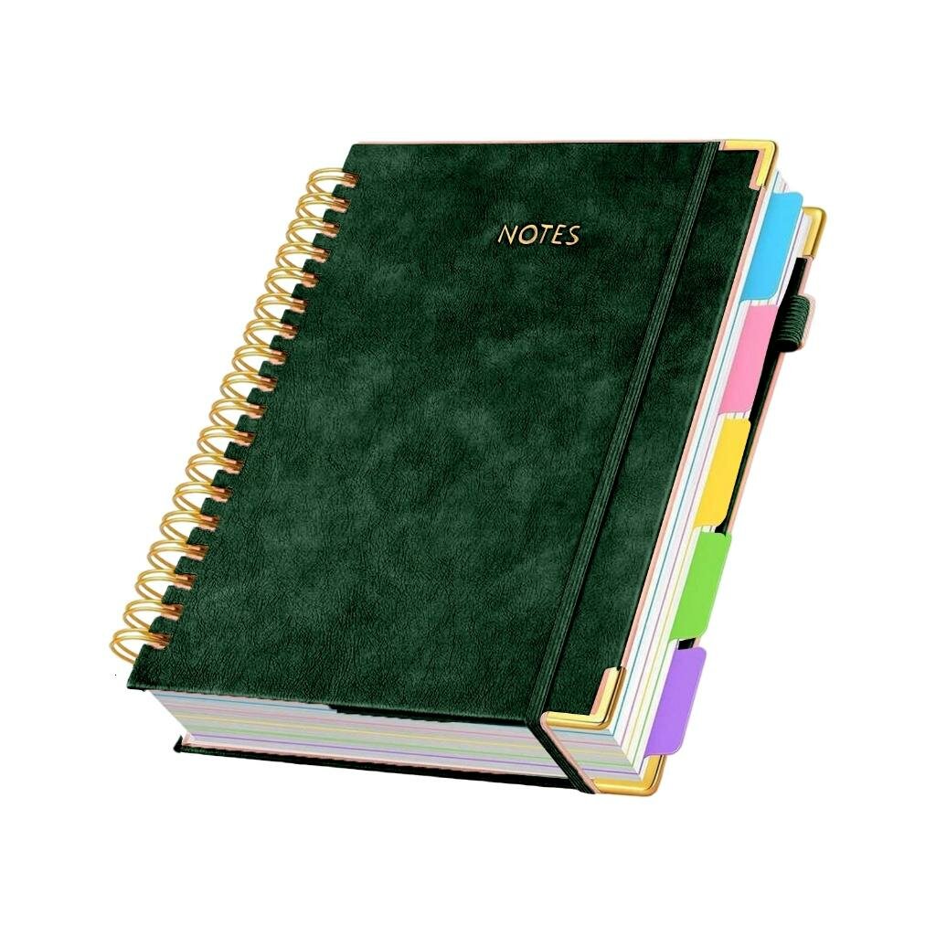 Бумажная тетрадь из искусственной кожи с 300 листами, с широкой линовкой и двойным спиральным переплетом, Зеленый