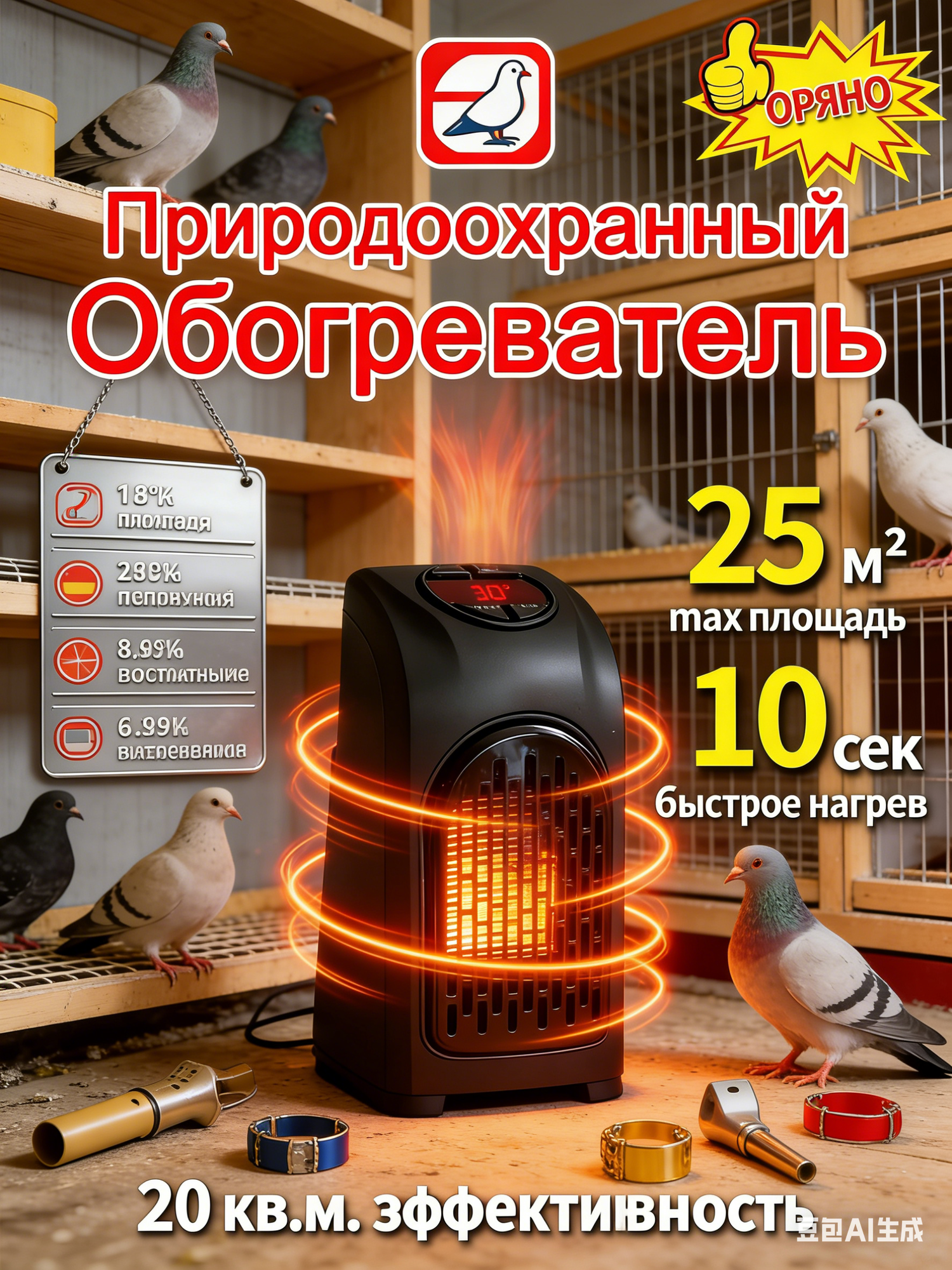 Безопасный обогреватель для курятника. Чёрный, габариты 20×20×10 см, работает от розетки.