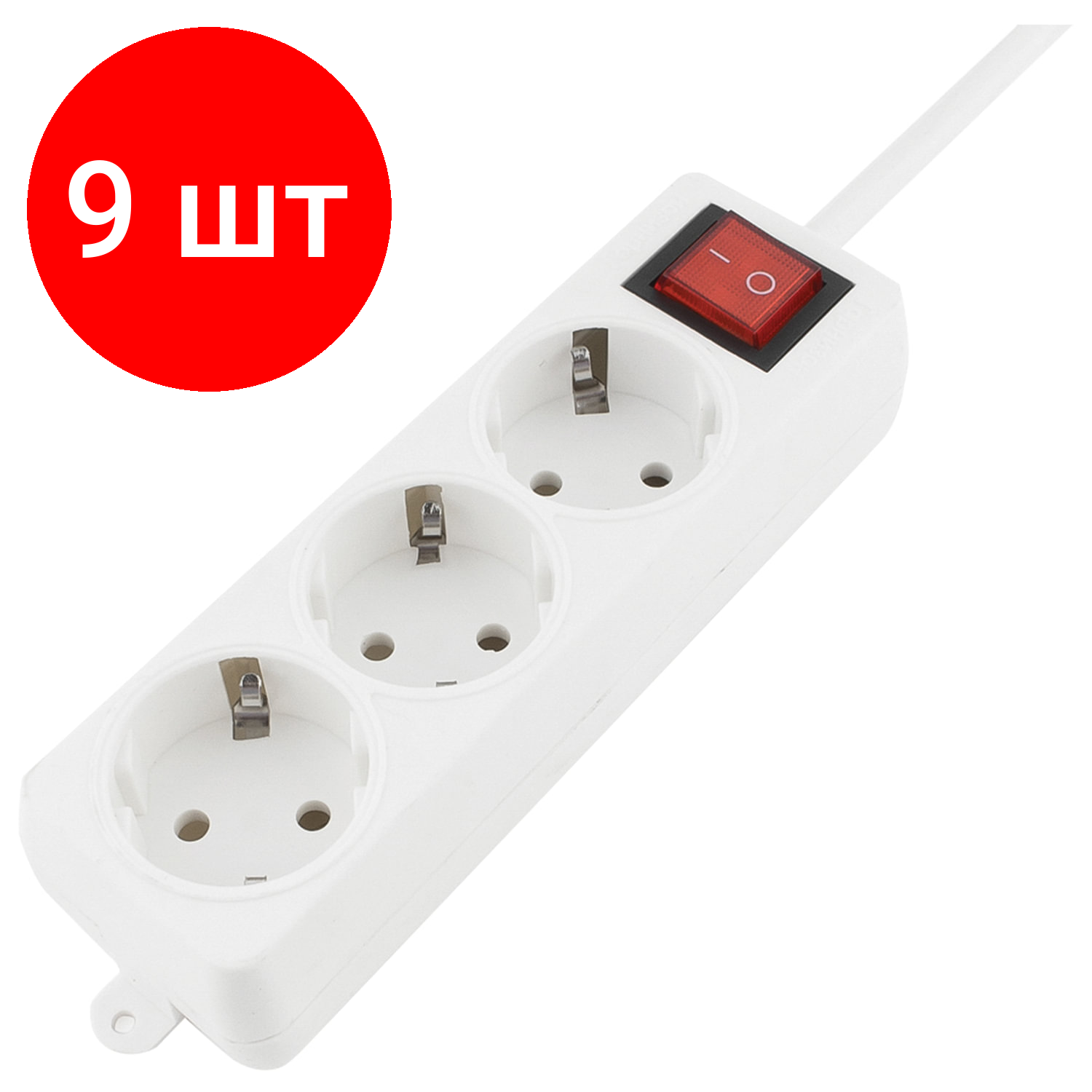 Комплект 9 шт, Удлинитель гарнизон с выключателем, 3 розетки с заземлением, 3 м, 3х1 мм, 3500 Вт, белый, ELB-G3-W-3
