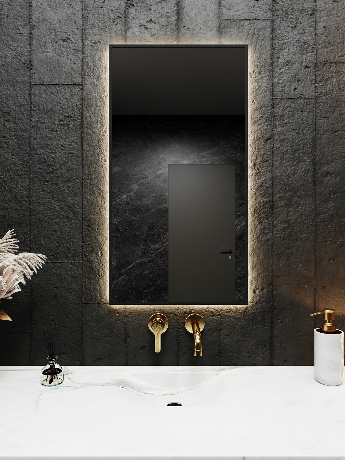 Зеркало в ванную 90х40 см. черное с подсветкой. Свет: Нейтральный белый 4500К В алюминиевой раме настенное MOONRISE