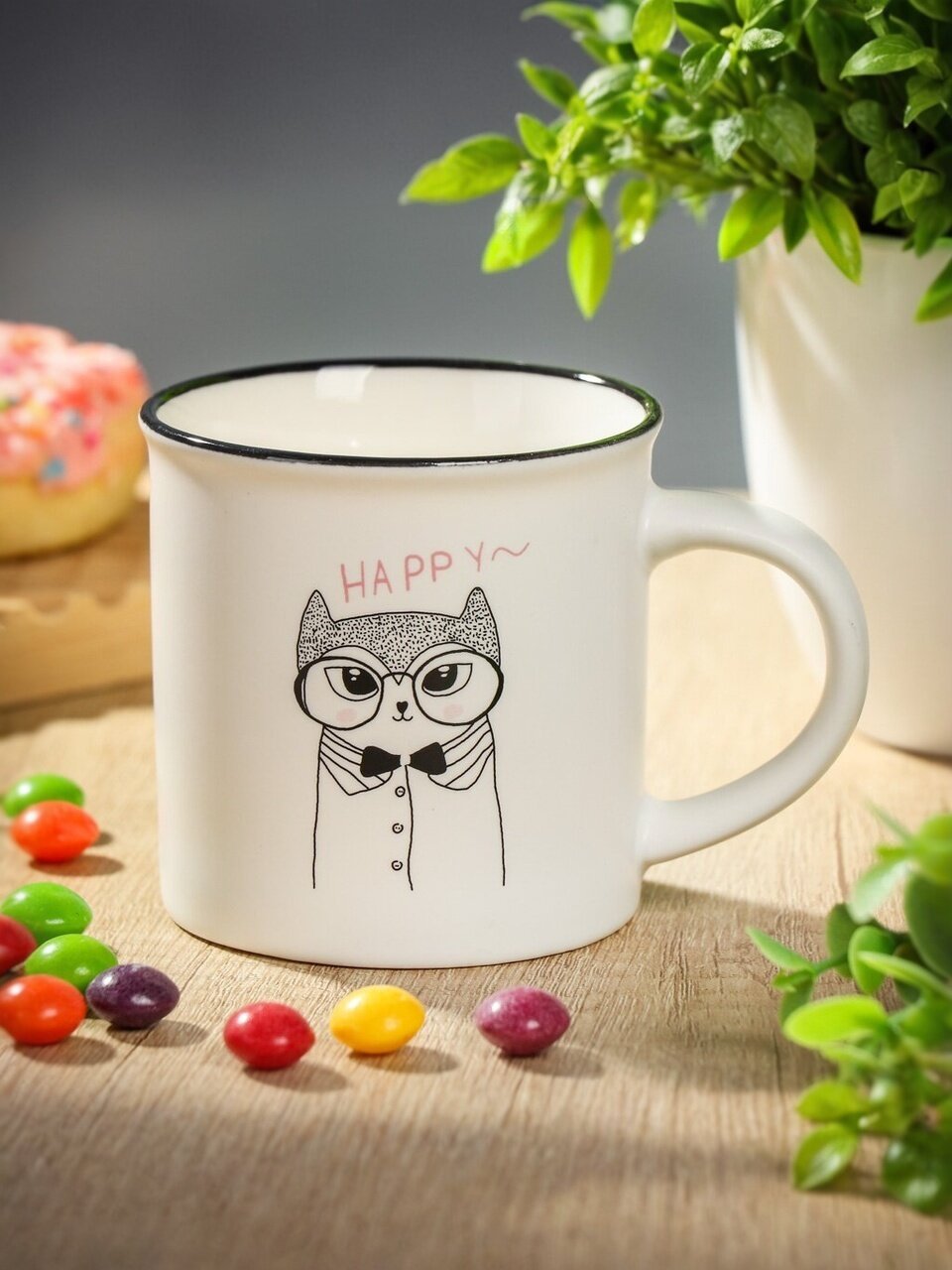 Керамическая кружка Зверушки 200 мл с рисунком кошки и надписью, маленькая чашка для чая и кофе, модель Y4-6629
