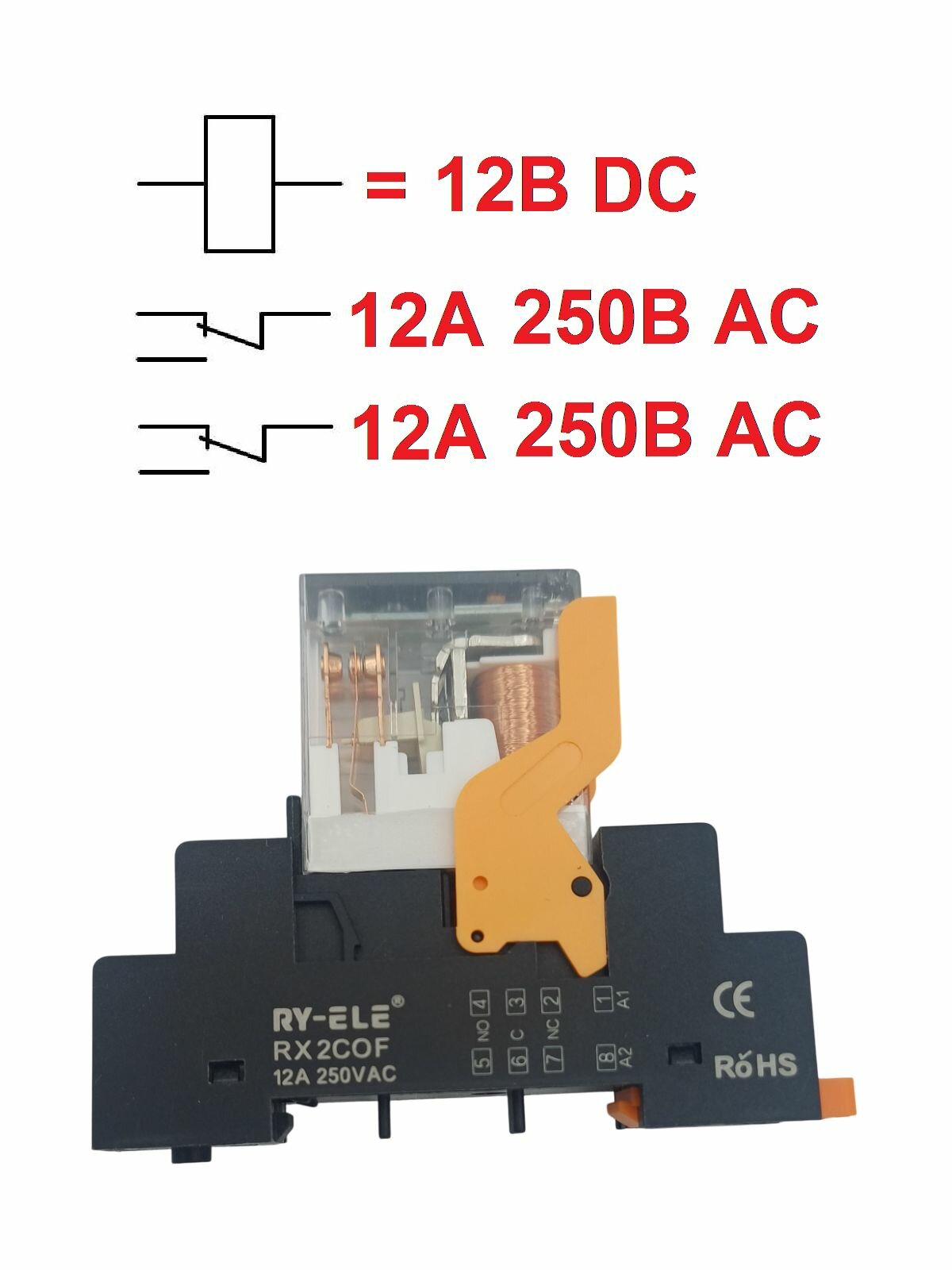 Промежуточное реле RY-ELE RX2CO-D12LT 12В 2 контакта 12А, с колодкой