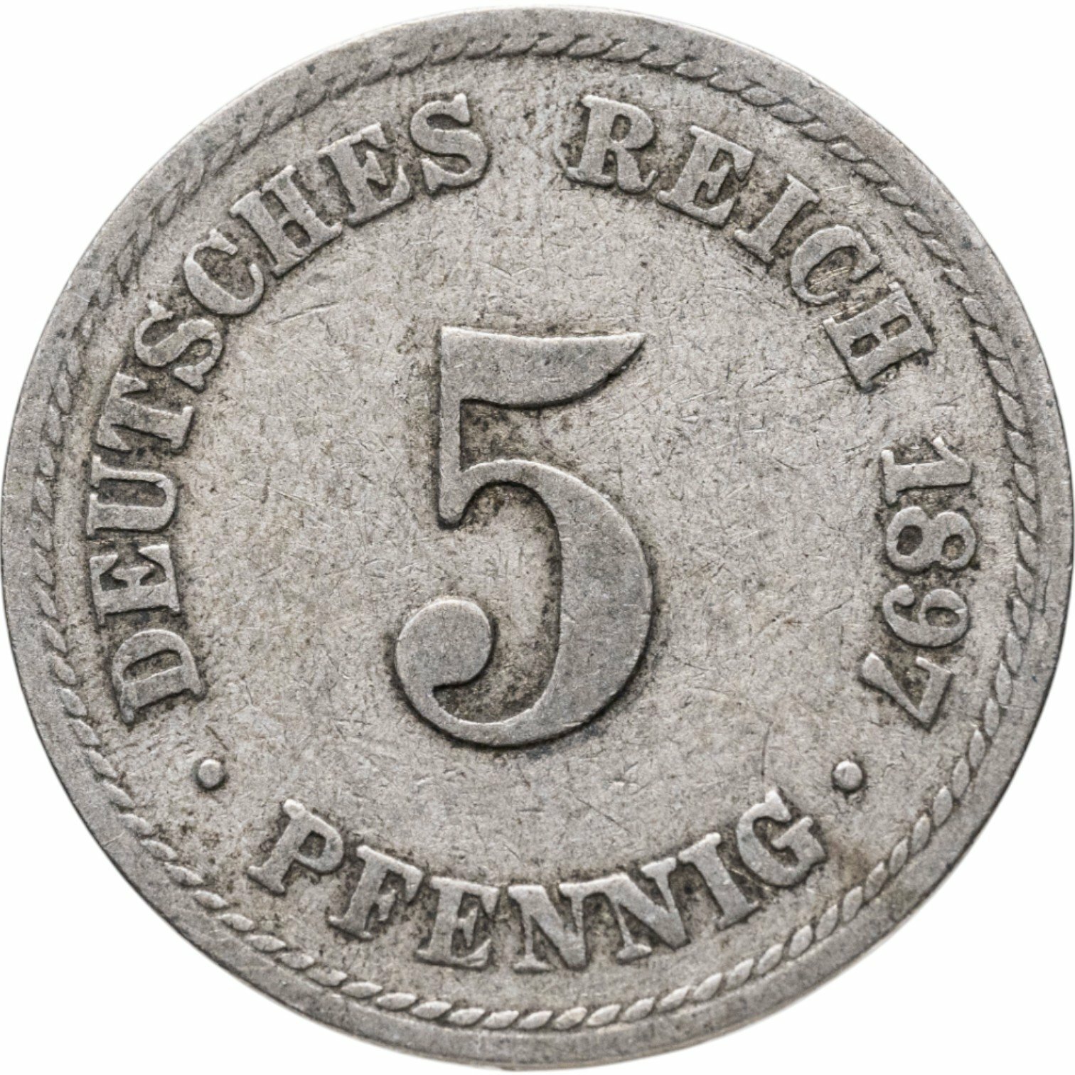 Германия 5 пфеннигов pfennig 1897, знак монетного двора: "A", Мельхиор медь-никель, в сохранности VF