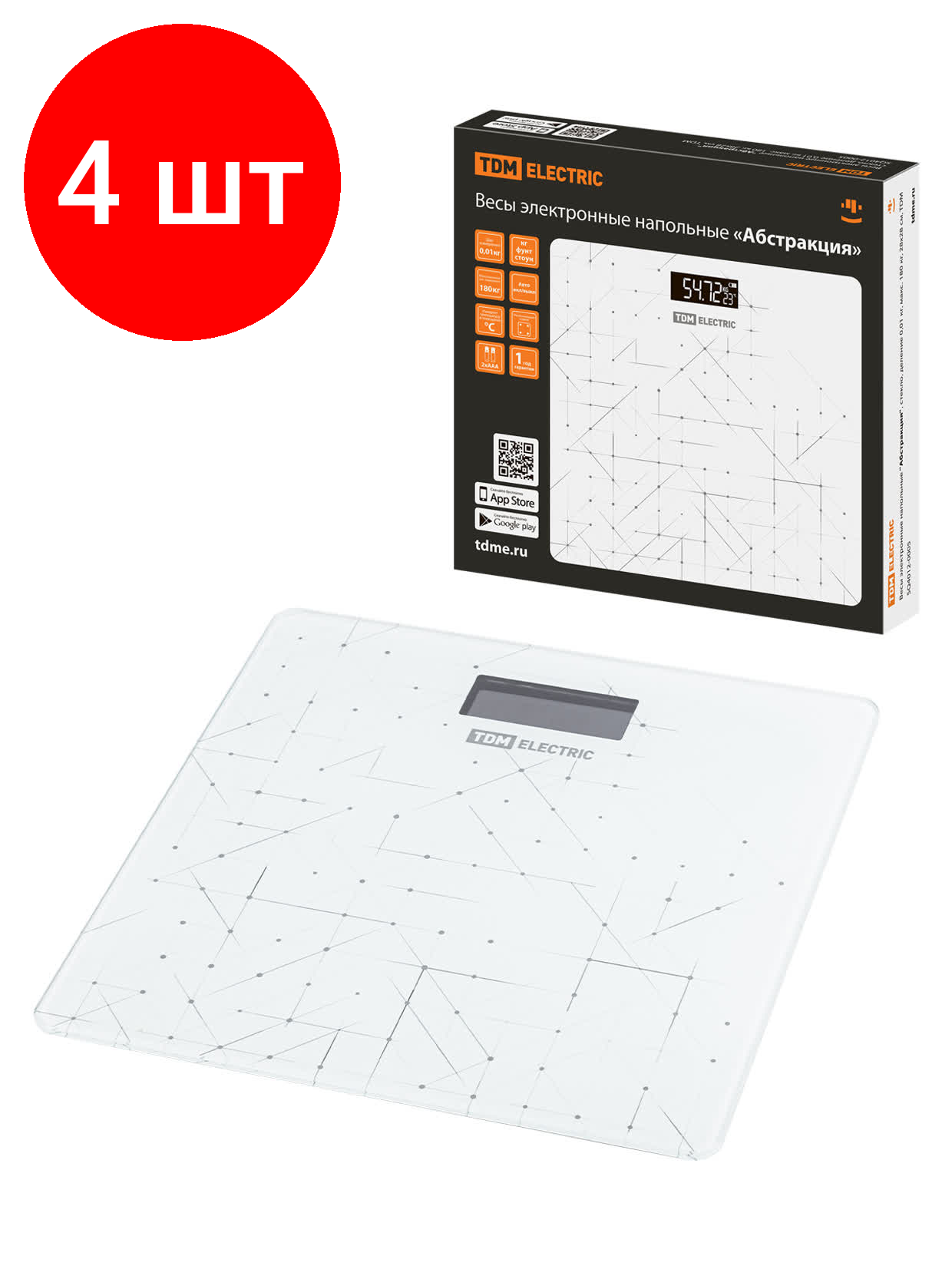 Комплект 4 шт, весы напольные 180КГ электр 28Х28СМ LED диспл стекло 28Х28СМ абстракция TDM