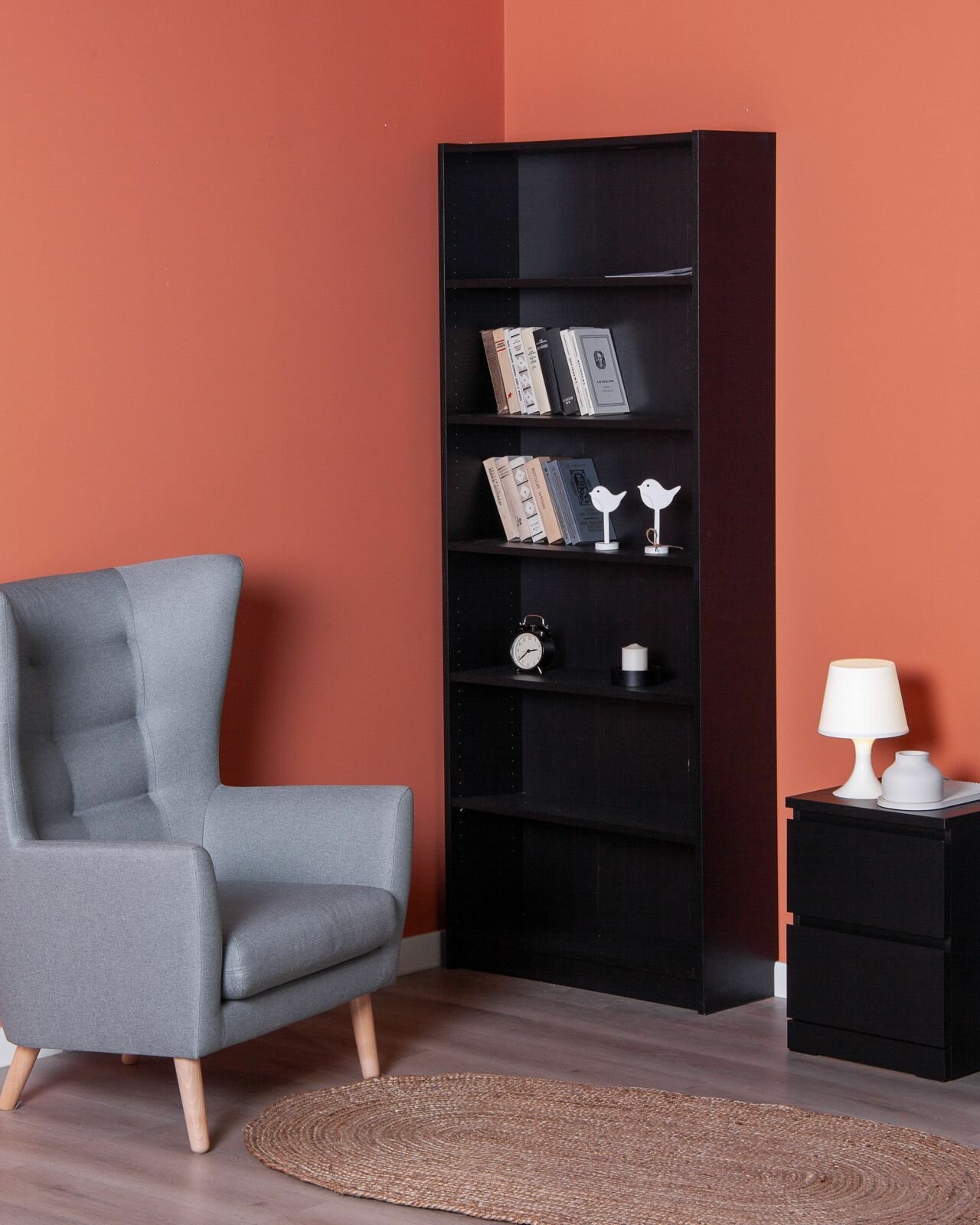 Стеллаж Варма, 6 полок, 78х198х28 см, шпон ясень, черный, ГУД лакк