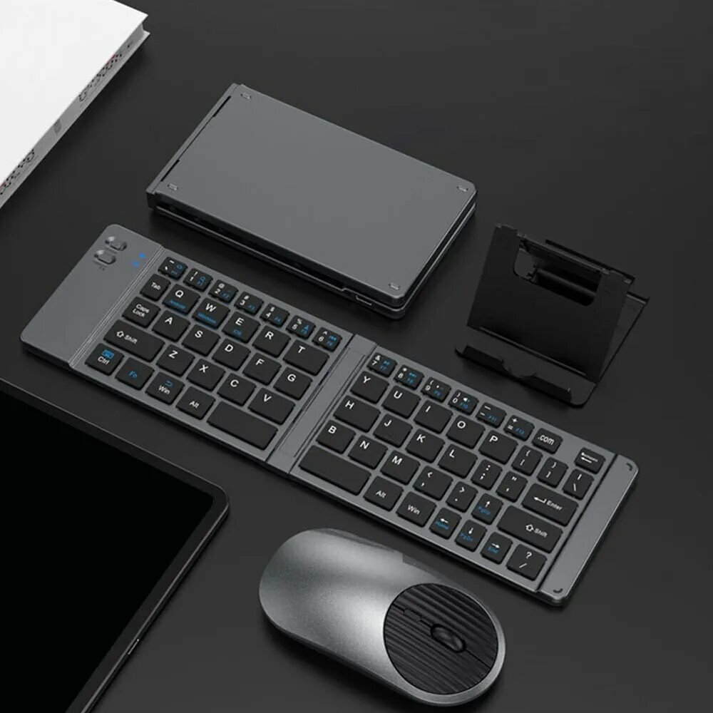 Комплект клавиатура и мышь беспроводная Складная беспроводная клавиатура+мышь (Bluetooth 5.3+2.4G), 3 устройства, подставка для планшета, Английская раскладка, серый