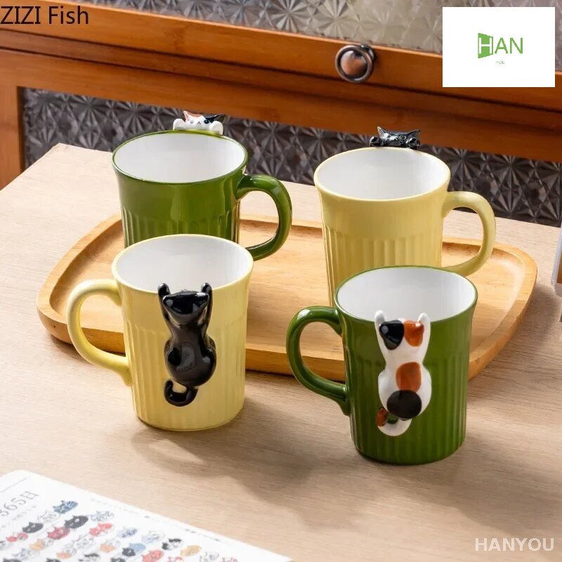 Эксклюзивная кружка с котом из керамики，Зеленая чашка для котенка, одна