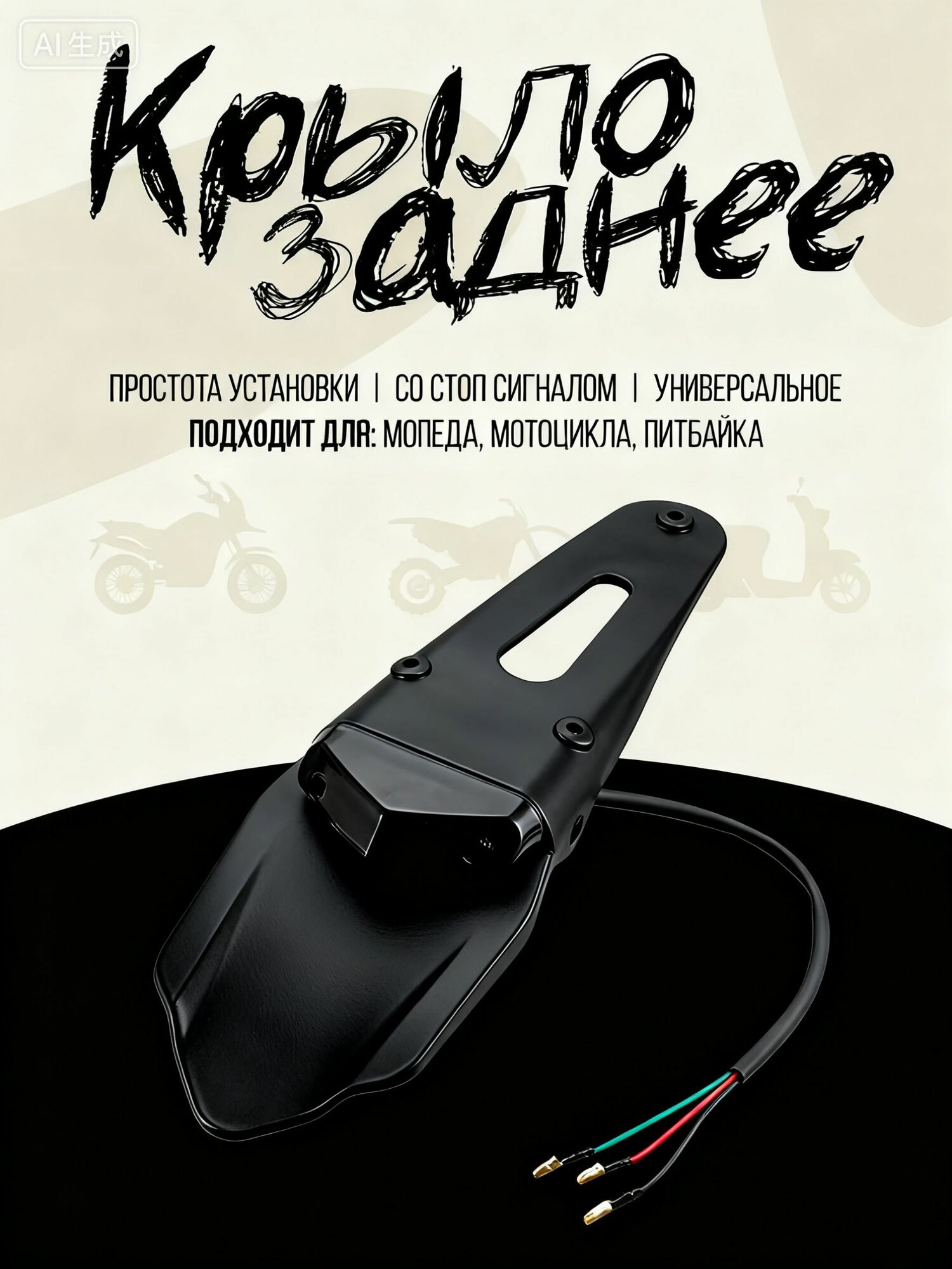 Заднее крыло для мотоцикла с тормозным светом, черное/черное (универсальное), 1 шт.