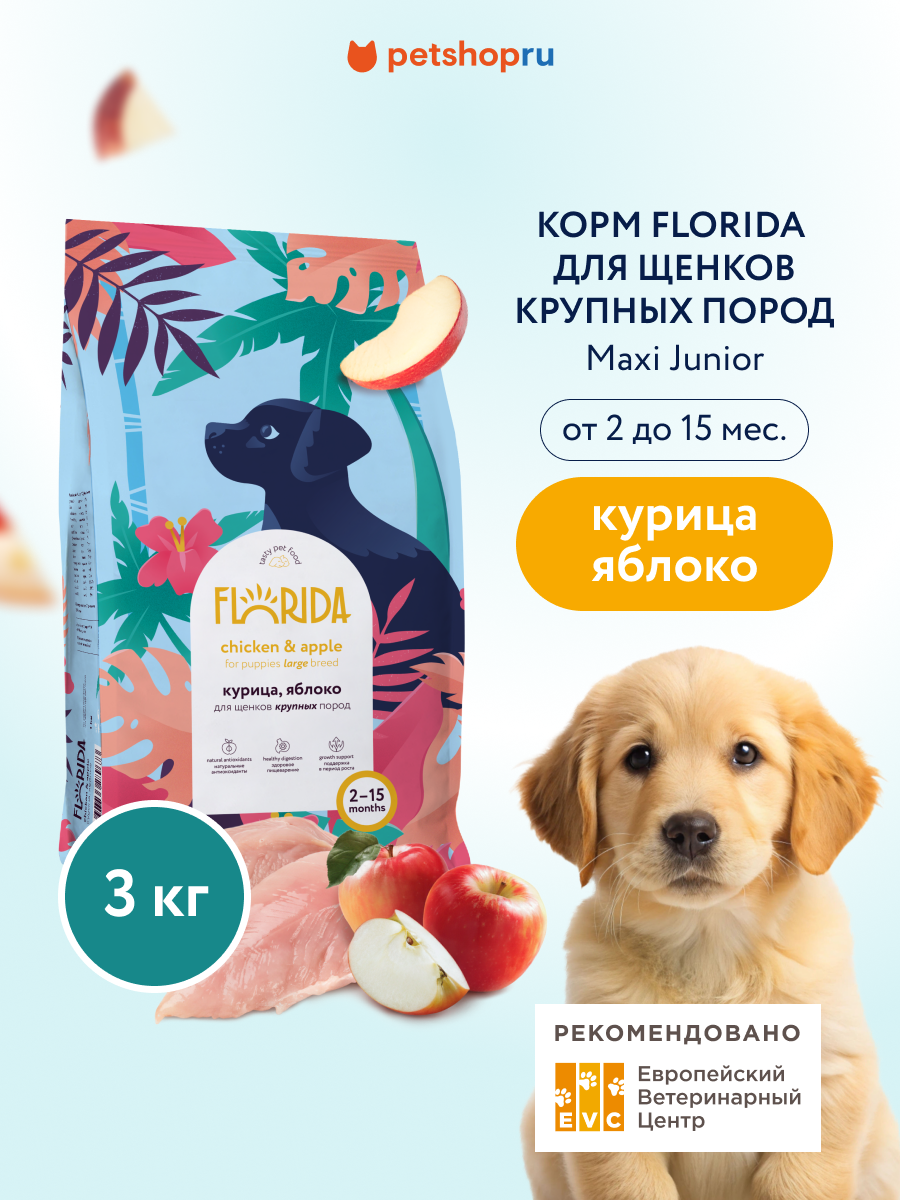 FLORIDA Сухой корм для щенков крупных пород с курицей и яблоком, Maxi Junior Chicken, 3 кг