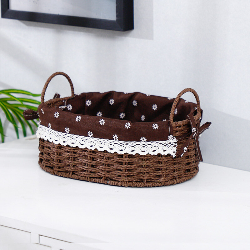 Настольный ящик для хранения косметики, закусок, мелких предметов, тканевый держатель для ключей, плетеная корзина для журнального столика в пасторальном стиле, круглой формы.