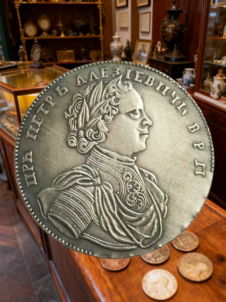 Это серебряная монета Российской империи, изображающая Петра Великого, важного реформатора в истории.