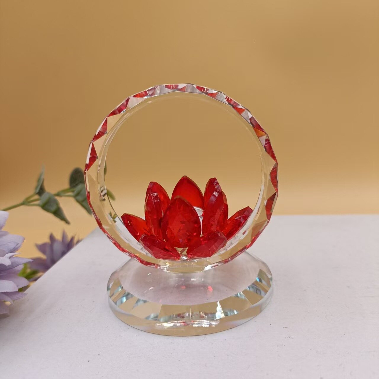 Статуэтка из розового хрустального цветка лотоса в корзине, стеклянное украшение, декоративная цветочная корзина, подарок для домашнего офиса