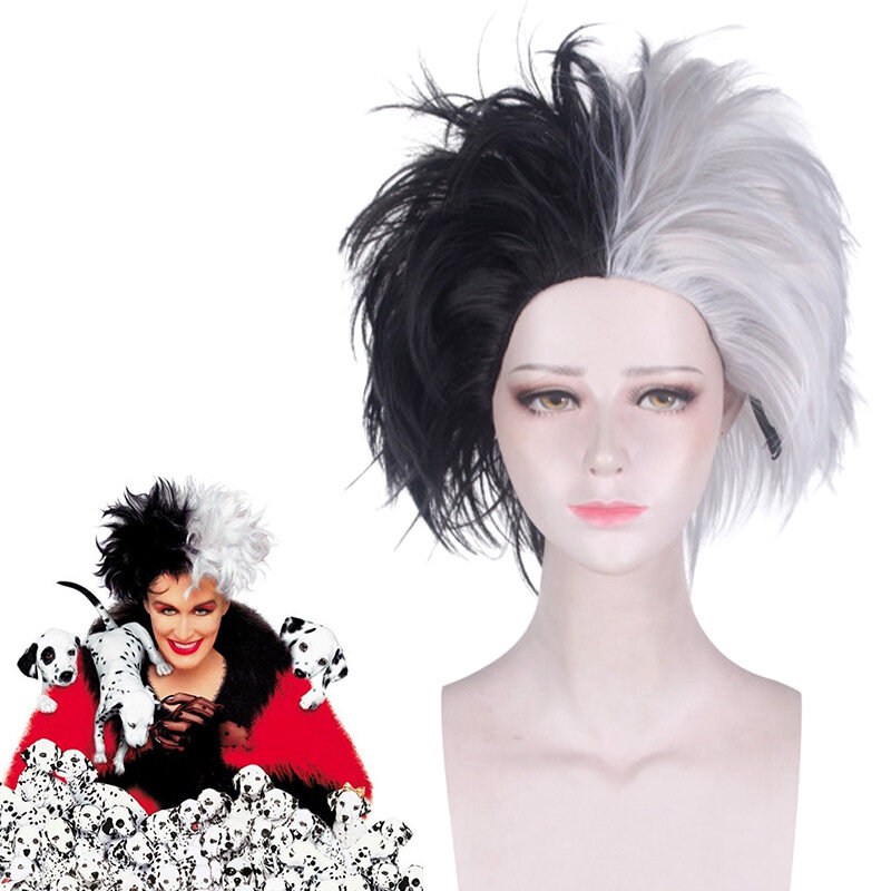 2026 Основная Святая Дьявола Европейский и Американский Фильм Круэлла Де Виль COS Полу-Черно-Белый Двухцветный Афро Косплей Парик