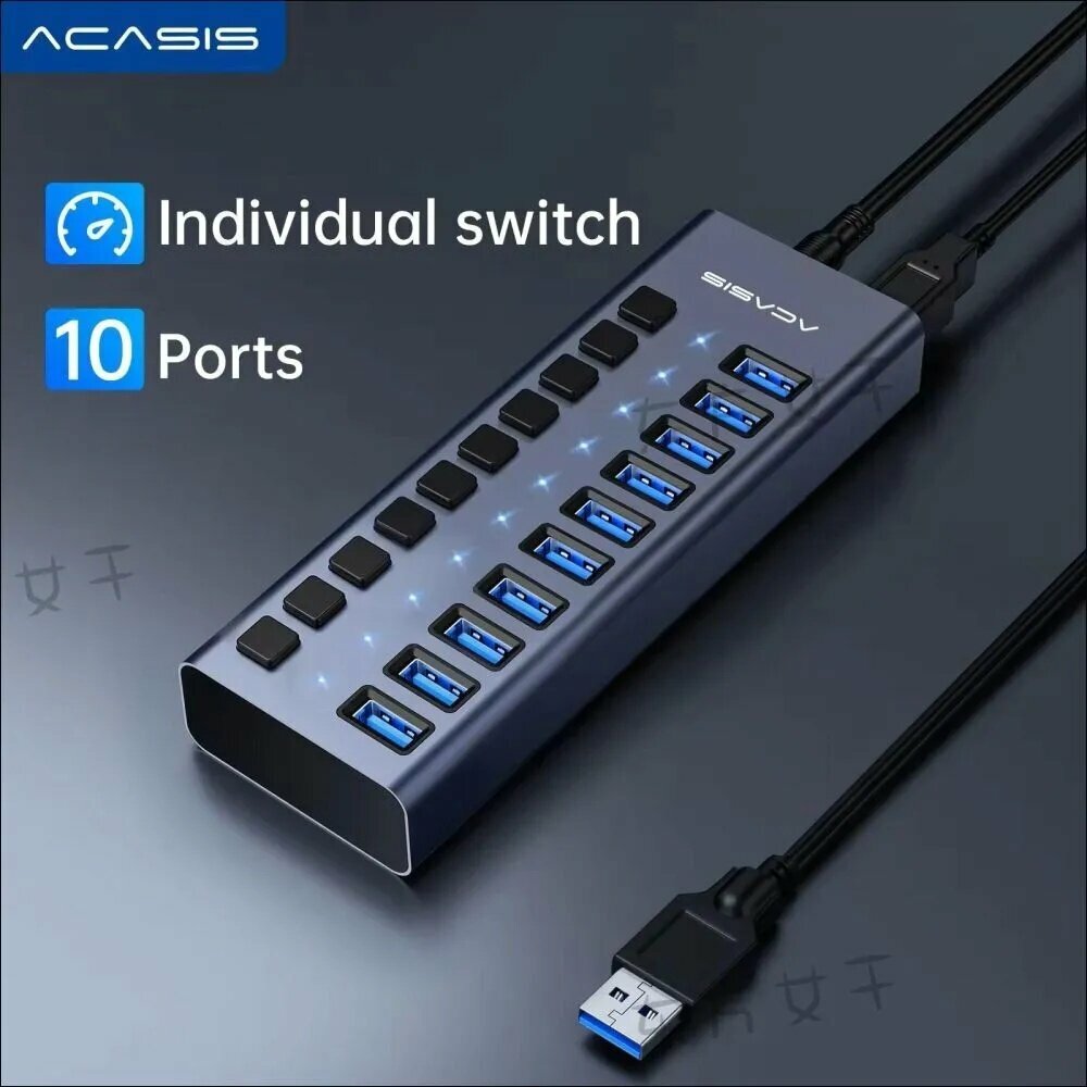 Концентратор USB 3.1 с блоком питания, ACASIS 10-портовый концентратор USB 3.1, скорость передачи данных 10 Гбит/с, алюминиевый корпус, USB-концентратор с евроадаптером питания 48 Вт