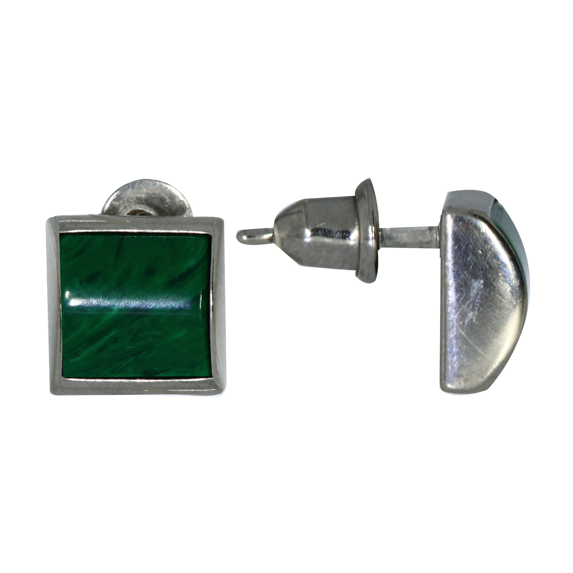 Серьги пусеты, серебро, 925 проба, родирование, малахит