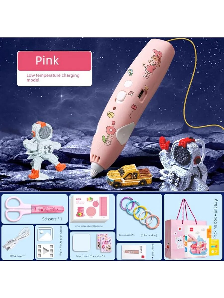 Розовая 3D ручка (включает 5 расходников + 39 подарков)