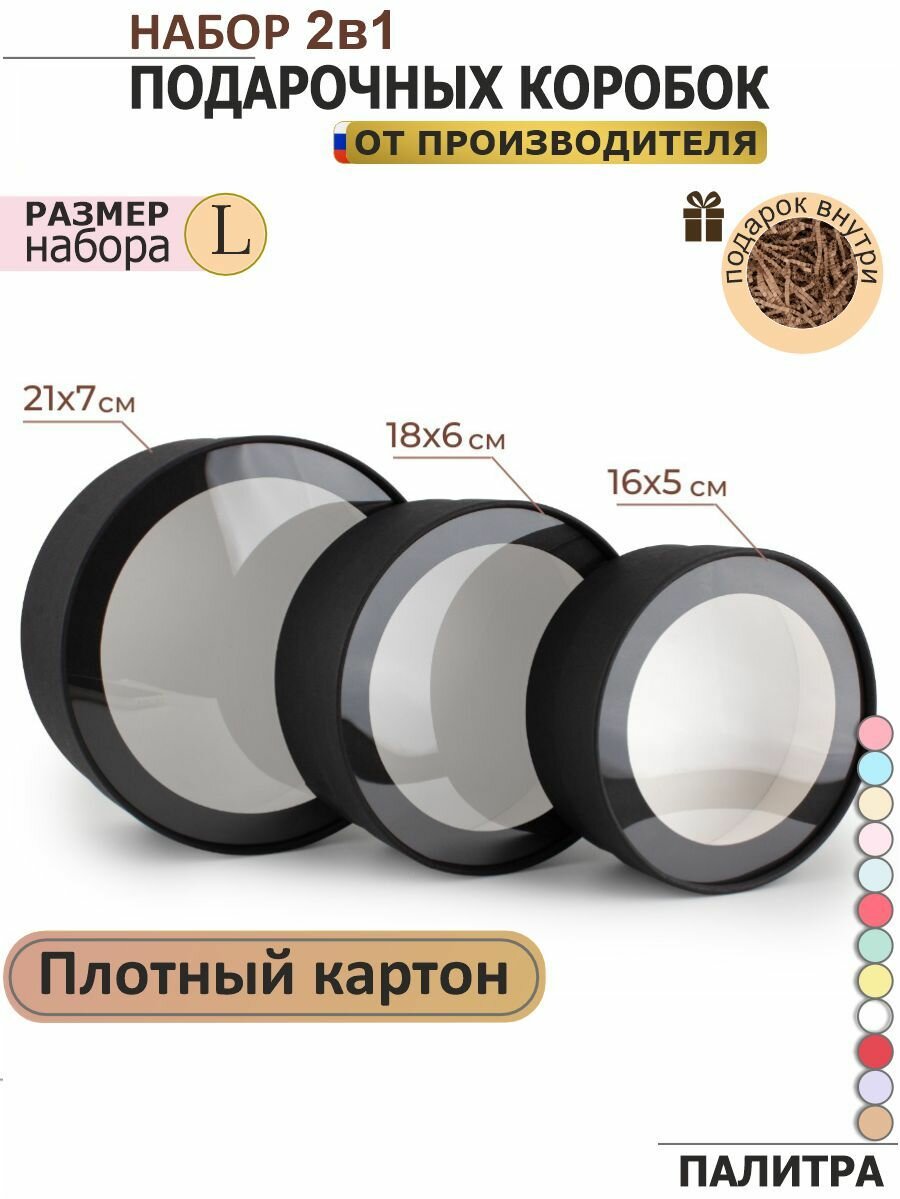 Круглая подарочная коробка с прозрачным окном с наполнителем для зефира и подарка, 3в1, черная, набор 3в1: 21х8 - 1шт, 18х6см - 1шт, 16х5см - 1шт