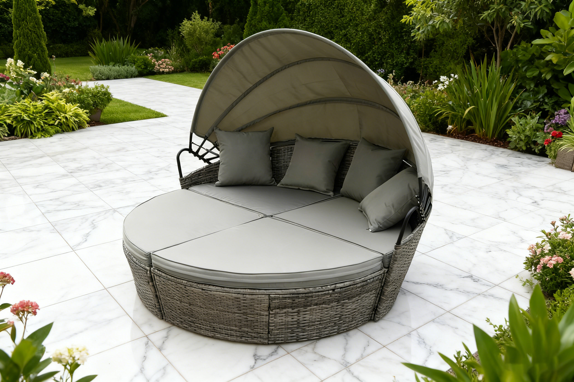 Шезлонг-трансформер Full Comfort - TREVI 180х145см (из круглой кровати в диван с подставкой)искусственный ротанг серый