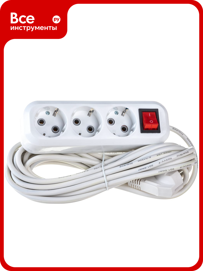 Удлинитель Smartbuy 3 гнезда 7 метр. 16А/3,5кВт с выкл. и заземлением ПВС 3х1,0 SBE-16-3-07-ZS