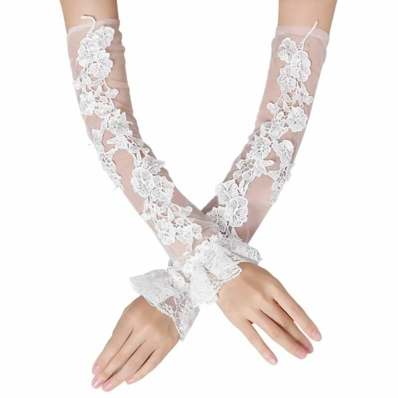 Женские ажурные перчатки без пальцев, Кружево на запястье белое
