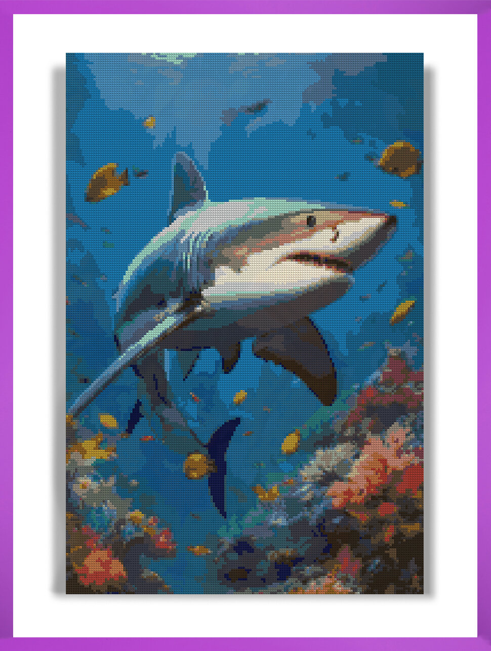 Алмазная мозаика на подрамнике - вышивка - Белая акула 40 х 60 см