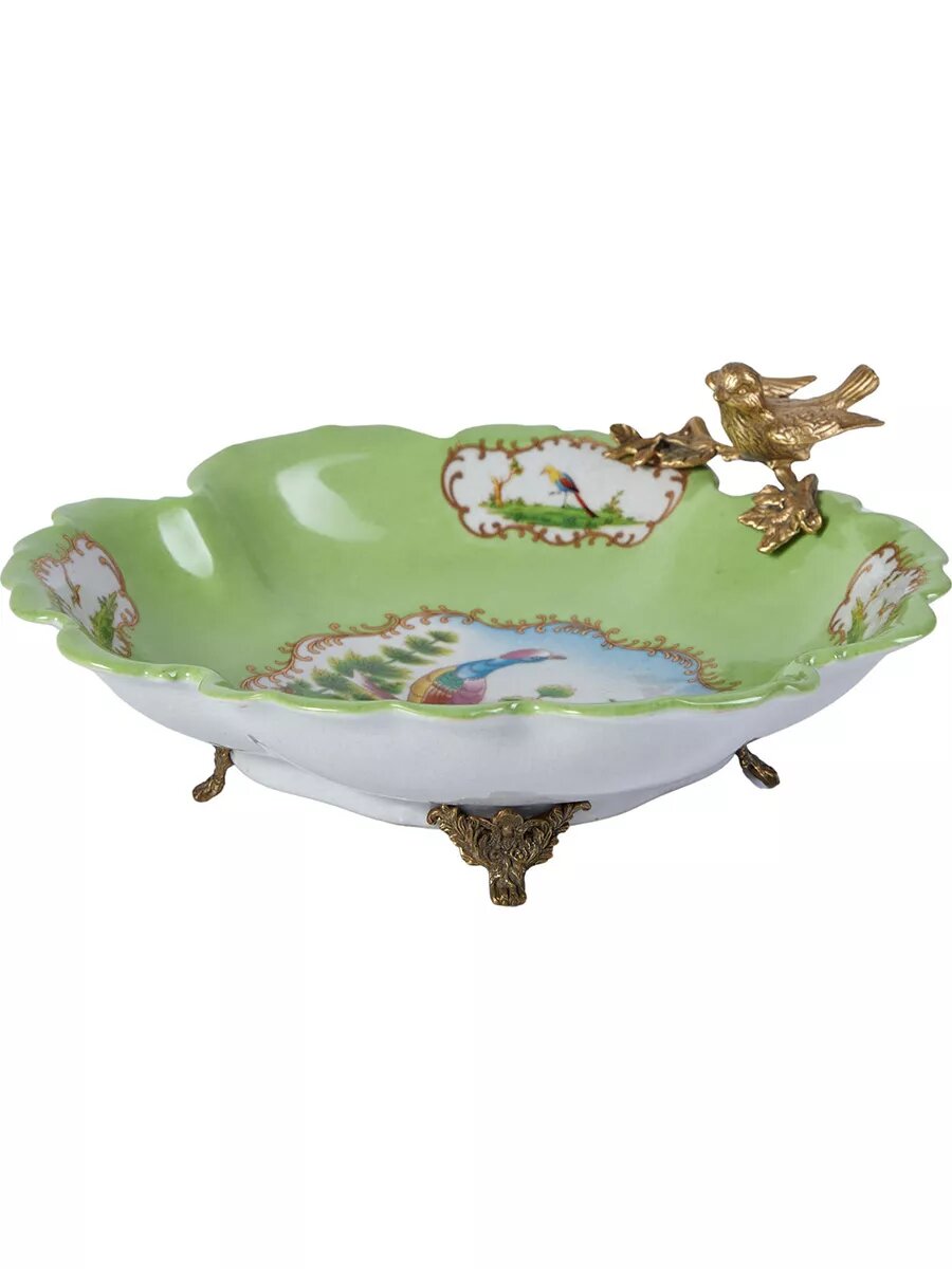 Блюдо сервировочное Glasar с птичкой 25х21х10 см, фарфор и бронза