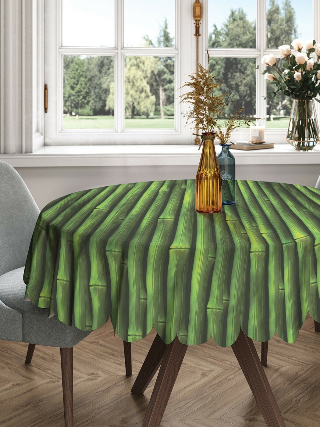 Круглая скатерть на стол с принтом "Бамбуковые стебли" 150х150 см, JoyArty