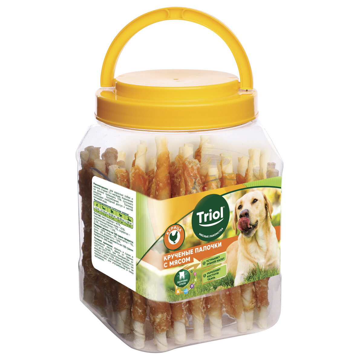 Triol Лакомство для собак Крученые палочки с мясом курицы, 750г (банка) 0.75 кг