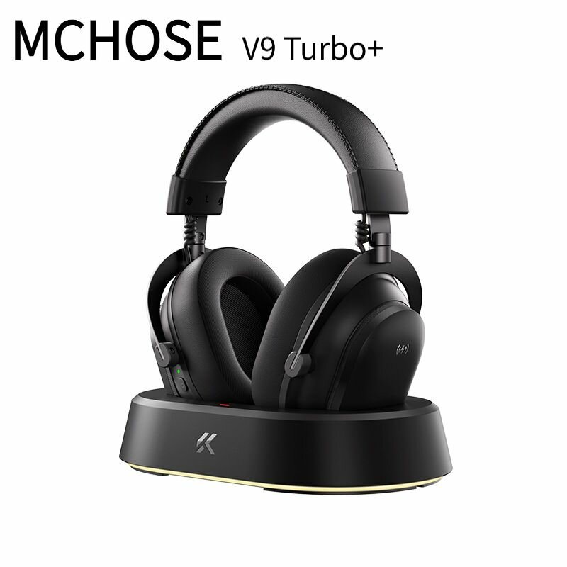 MCHOSE V9 Turbo+ Беспроводные игровые наушники (Bluetooth/2.4G/USB-C), 2000mAh Емкость аккумулятора, С микрофоном, RGB-подсветка-черный-Наушники