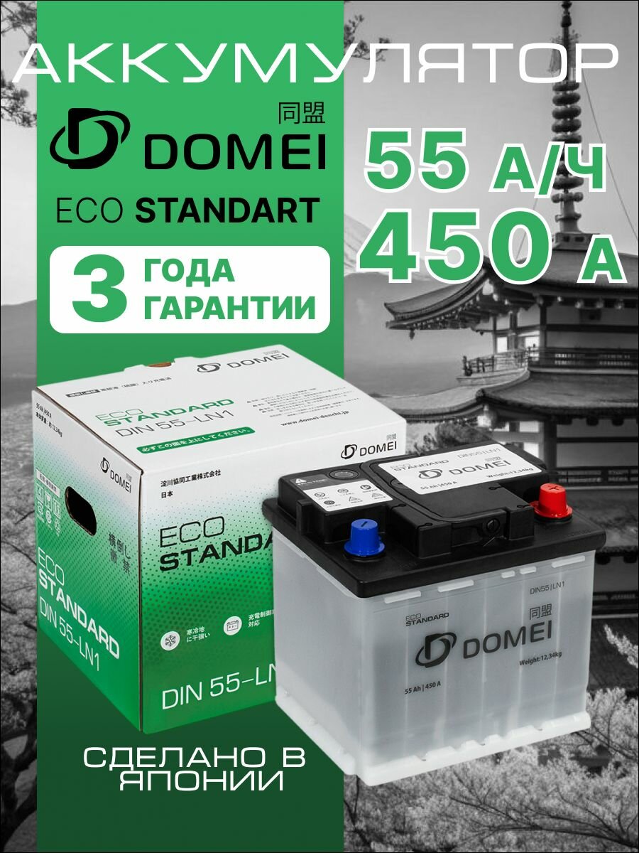 Аккумулятор автомобильный 55 Ач 450 А обратная полярность DOMEI LN1